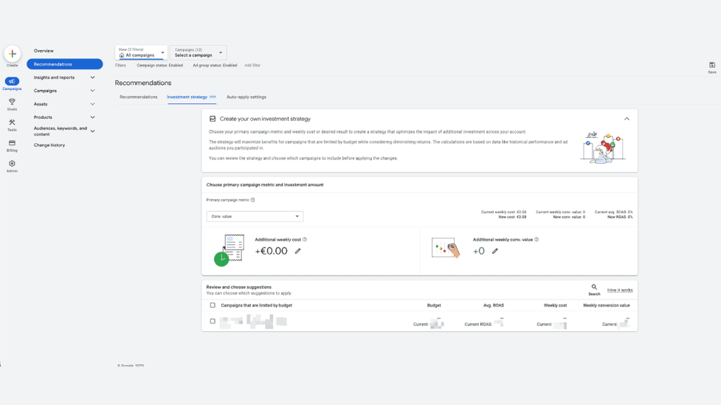 Google Ads Investment Strategy Tab for Budget Planning
